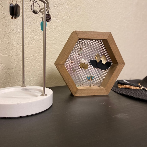 Small Hexagon Earring Stand | Wood and Metal Jewelry Holder Organizer ...