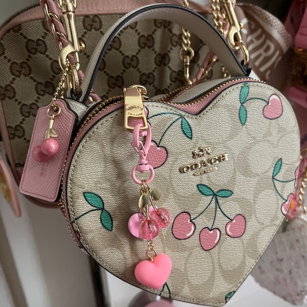 Pink Cherry Keyring With Heart Clasp, Cute Heart Keychain, Keychain ...