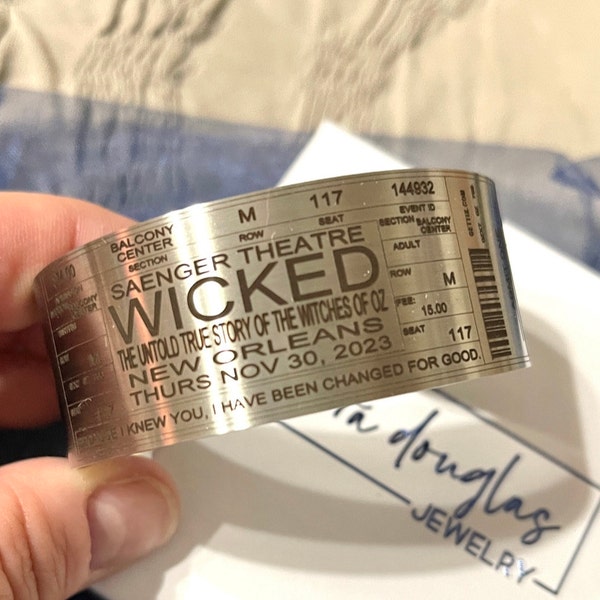 Concert Ticket Bracelet, Silver or Gold Stainless Steel Cuff Bracelet ...