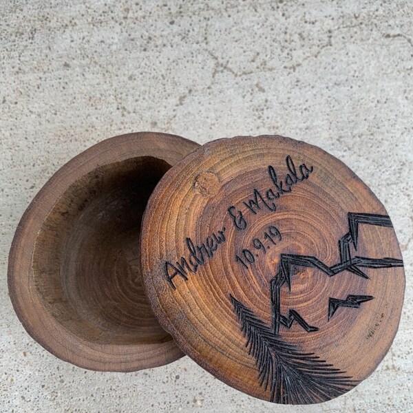 Personalized Wooden Wedding Ring Box - Mountain Pine Tree Birds Rustic ...