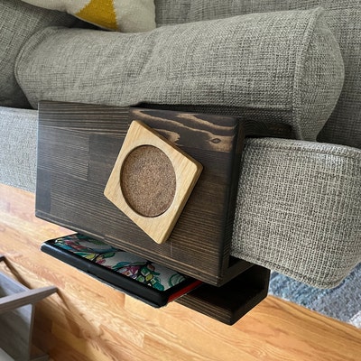 Couch Arm Rest Table With Magazine Stand, Modern Wood Armrest Table ...