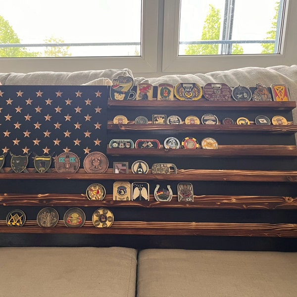 Subdued Wooden American Flag Challenge Coin Display, Holds 90-100 Coins ...