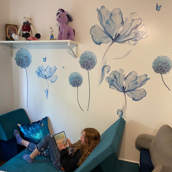 Blue Flower Wall Decals, Flower Wall Stickers for Bedroom Living Room ...