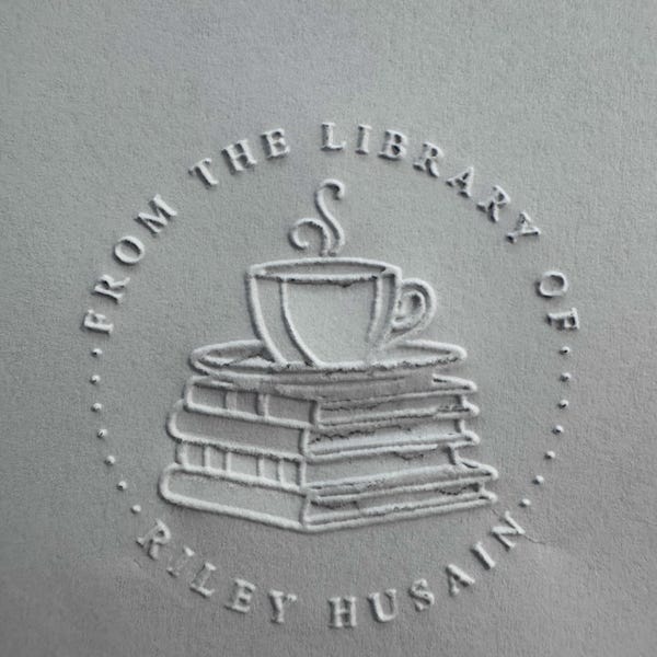 Minimalist Book Embosser Personalized | Coffee Cup on Book Stack | Dark ...