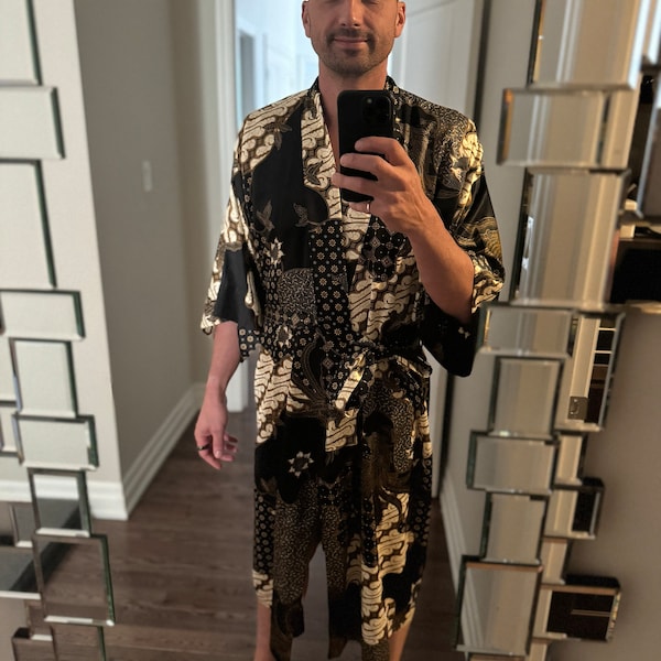 Black and Gold Mens Silk Kimono Robe, Boheme Silk Dressing Gown for Man ...