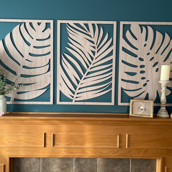 Tropical Leaves Wood Wall Art, 3 Panel Set, Monstera Wooden Leaf Wall ...