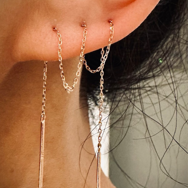 14k Solid Gold Sturdy Extra Long Chain Double Bar Earring, Multiple Piercing Threader, Two Hole ...