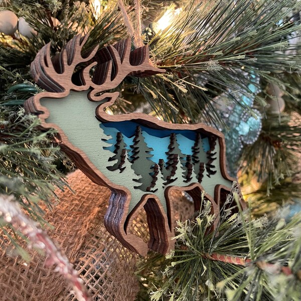 3D Layered Deer Pair Interchangeable Forest Scene Mantel Decoration ...