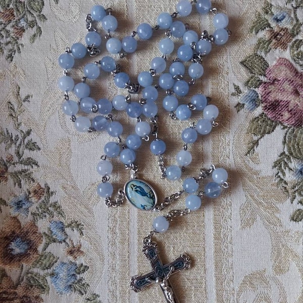 Light BLUE Rosary Crucifix & Assumption Mary Rosary Centerpiece / 2 ...
