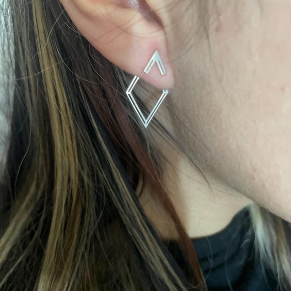 14K Rose Gold Rhombus Ear Jacket Earrings: Geometric Sterling Silver ...