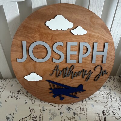 Airplane Nursery Name Sign, Round Name Sign, Airplane Nursery, Boy Name ...
