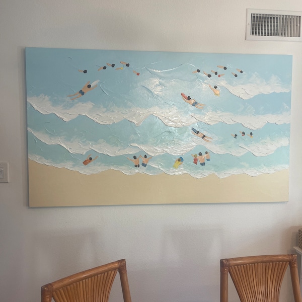 Vertical Beach Joys Art, Ocean Surfing Art, Hand Painted Extra Large ...