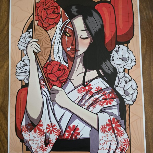 Kitsune Mask Geisha Girl Keychain Yokai Kimono Girl Acrylic Charm ...