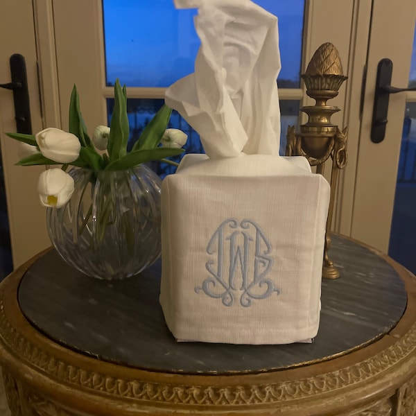 Linen Tissue Box Cover With Monogram - Etsy
