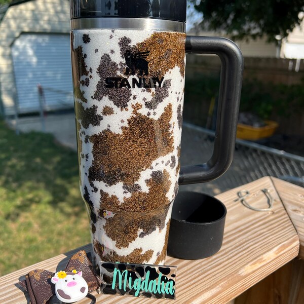 Custom Cow Hide Authentic Stanley Tumbler Epoxy Glitter Brown Cow