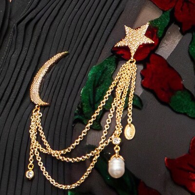 Handmade Pearl Detailed Crescent and Star Brooch With Real Zirconia ...