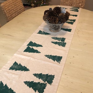 Hand Block Printed Linen Table Runner. Forest Trees. Christmas - Etsy