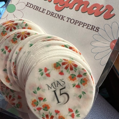 50 Personalized Edible Drink Toppers Quinceañera XV Design Custom Wafer ...