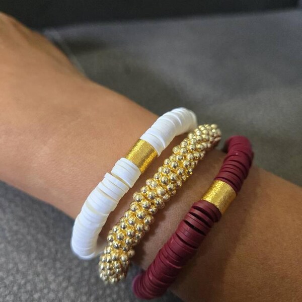 GAME DAY Maroon and White Heishi Bracelet Stack | Maroon White Wood ...