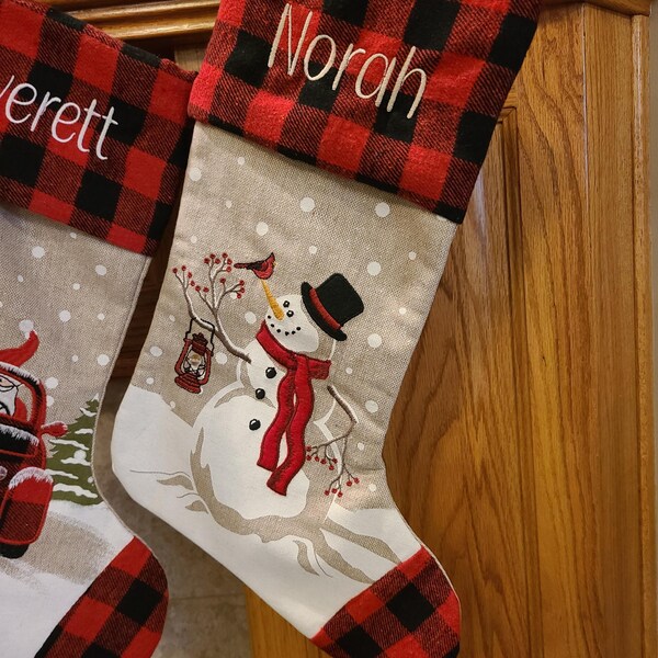 Embroidered Christmas Stockings, Barn Stocking, Plaid Stocking, Snowman ...