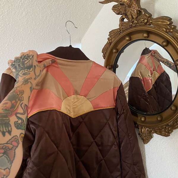 Brown Sugar Rising Sun Bomber Jacket | Quilted 70s Style Satin Fall ...