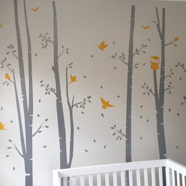 Set of 5 White Birch Tree Decal With Birds, Large Birch Set, Birch Tree ...