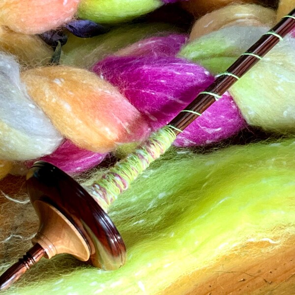 Art Yarn Drop Spindle W/fiber, Wood Burned Spiral Design, Top Whorl ...
