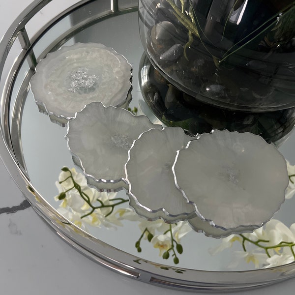 White and Silver Coaster Sets, Epoxy Resin Coasters With Customizable ...