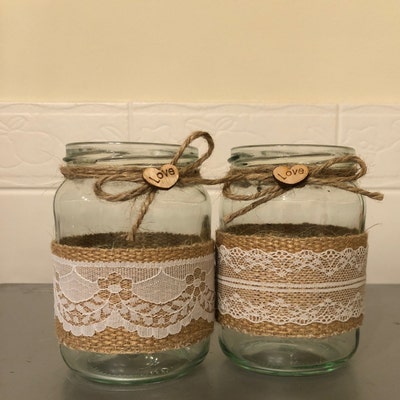12 Wedding Jars, Decorated Jars, Hessian, Burlap,white Lace, Rustic ...
