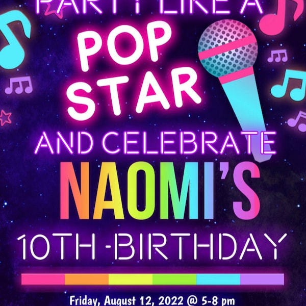 Pop Star Music Birthday Invitation Instant Download Glow in the Dark ...