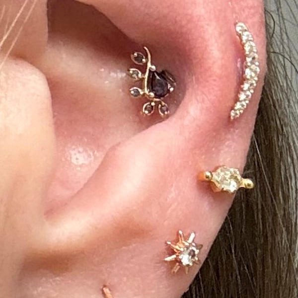 14K Solid Gold Dangle Triple Chain Moss Agate Cartilage Earring Helix ...