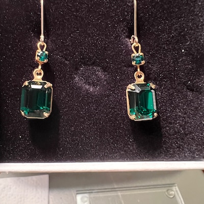 Emerald Green and Gold Earrings, Emerald Earrings, Vintage Earrings ...