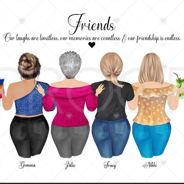 Personalised Group of Friends Print, Best Friend Print, Portrait, Plus ...