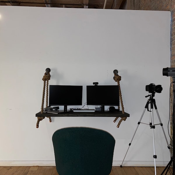 Rope & Pipe Desk - Farmhouse Suspended Wood - Wall Mounted - Standing ...
