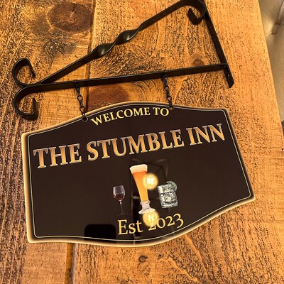 Personalised Barrel Shaped Pub Shed Hanging Swing Sign With Bracket ...