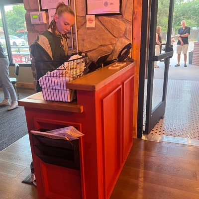 Vertical Oak Wood Slats Counter, Wood Retail Counter With One Shelf ...