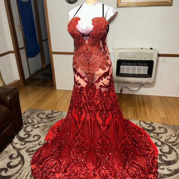 RED Exotic Stretch Sequin Lace Fabric/ Stretch Sequins Fabric/ Red ...
