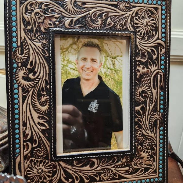 Hand Tooled Leather Photo Frame: Western Cowboy Cowgirl Decor - Etsy