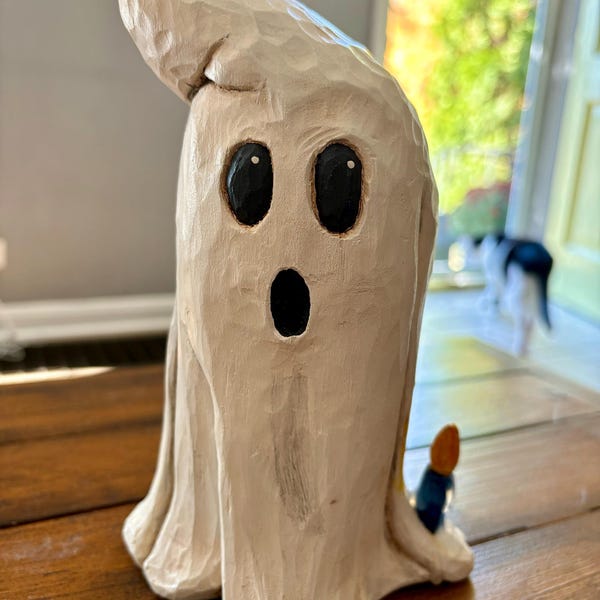 Wooden Ghost Figurines | Smiling Halloween Decor | Pair of Whimsical ...