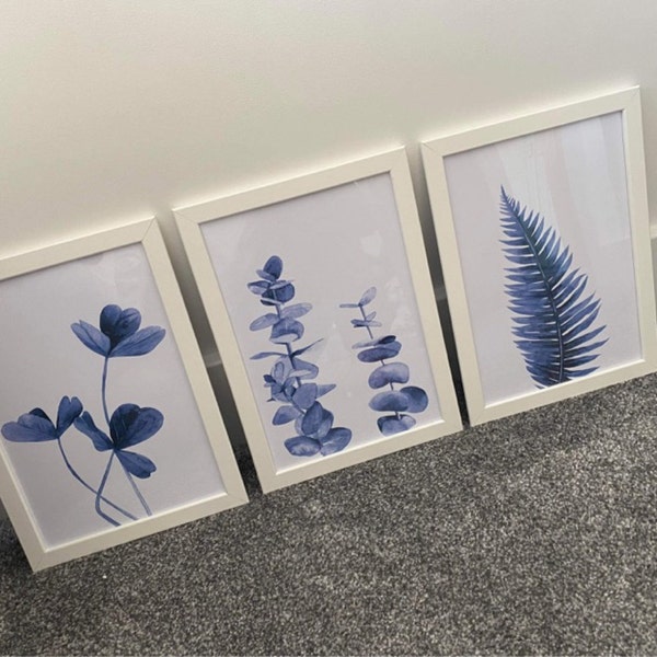 Navy Blue Clover, Eucalyptus and Fern Poster/prints, Set of 3 Prints ...