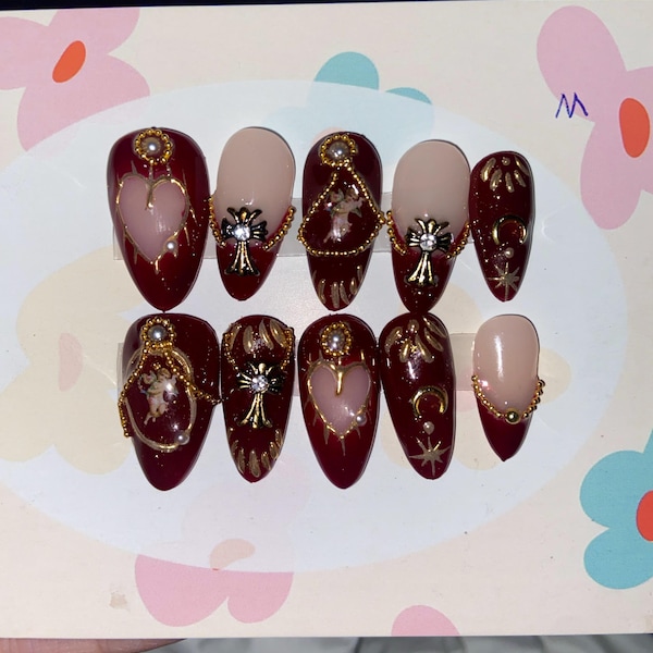 Golden Claret Angel Press on Nails: Handmade Faux Acrylic Gel Nails - Etsy