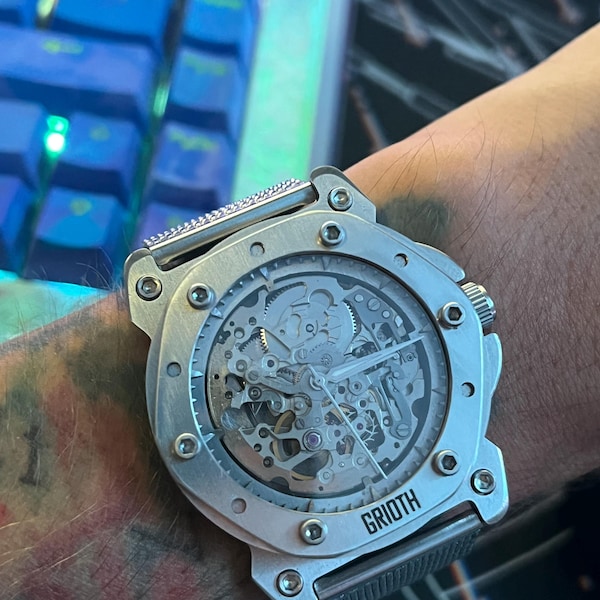 Unusual Watch for Man. Mechanical Automatic Skeleton Movement. Silver ...