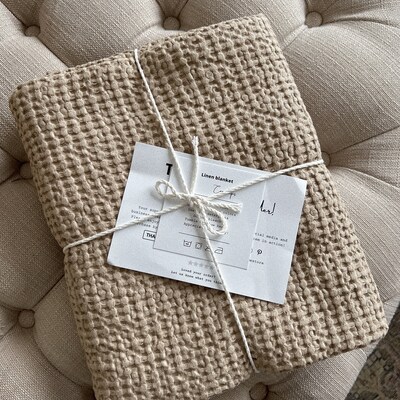 Waffle Linen Blanket in Beige. Linen Throw Blanket in in Twin - Etsy