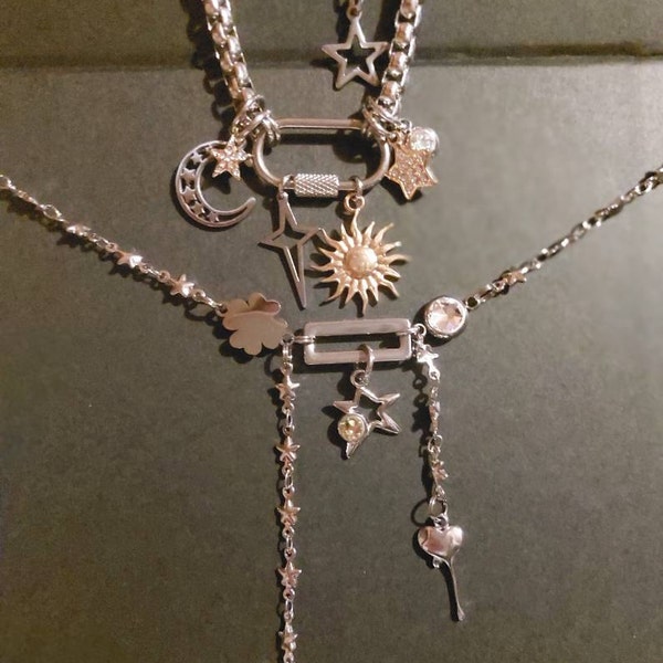 Silver Carabiner Necklace With Swarovski Crystals, Chunky Half Mesh ...