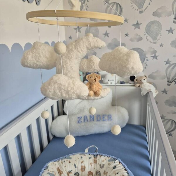 TEDDY’S DREAM Cot Mobile, Boucle Cot Mobile, Cloud Mobile, Neutral ...