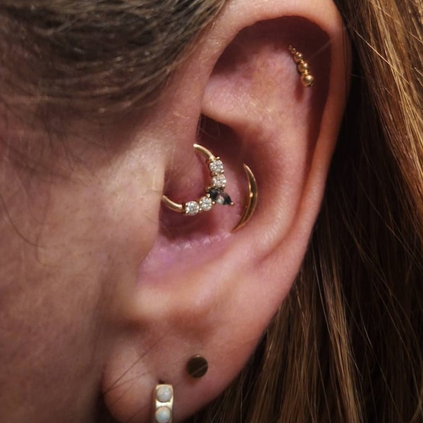 14K Solid Gold Moss Agate Marquise Hinged Segment Ring Moissanite Daith ...