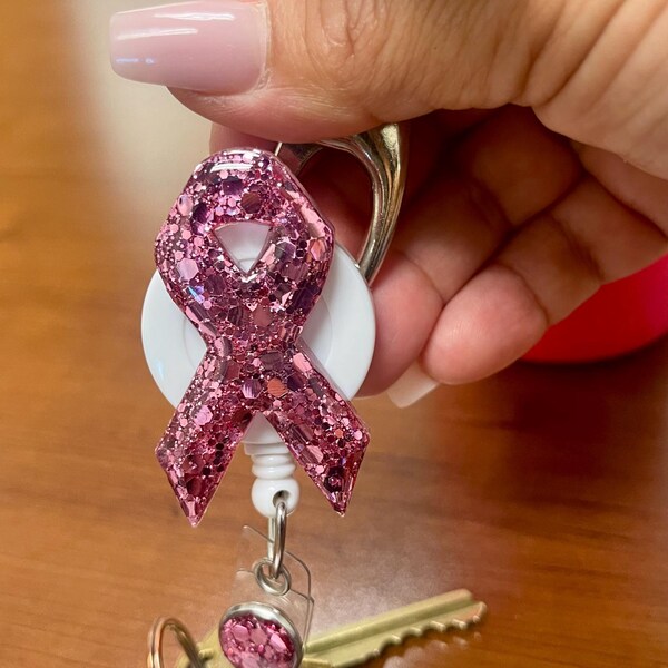 Pink Awareness Ribbon Badge Reel, Retractable Swivel Alligator Clip ...