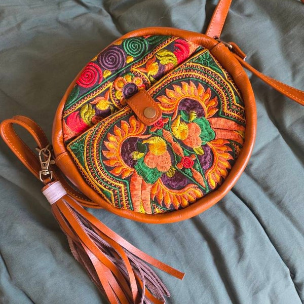 Yellow Bird Pattern Leather Round Crossbody Bag for Women, Unique Hmong ...