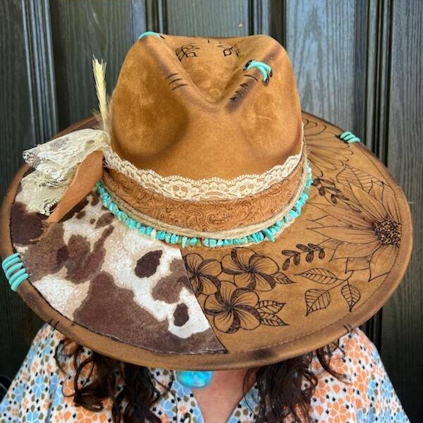 CUSTOM HAND BURNED Wide Brim Hat Bride Branded Hat Flowers and Leaves Burned Hat Western Hat - Etsy