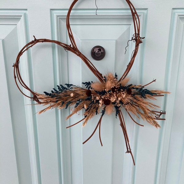 Boho Rustic Grapevine Heart Wreath With Blue and Neutral Dry Flowers ...